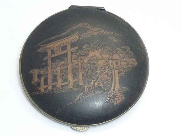 ART DECO JAPANESE Compact Damascene Mount Fuji Cosmetic Powder Vanity £ ...