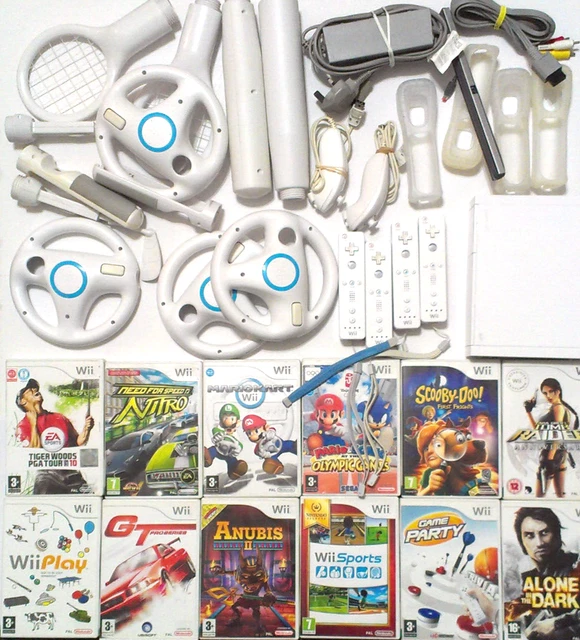 WII CONSOLE 4X CONTROLLERS, 4x OFFICIAL WHEELS, MARIO KART RACING GAMES ...