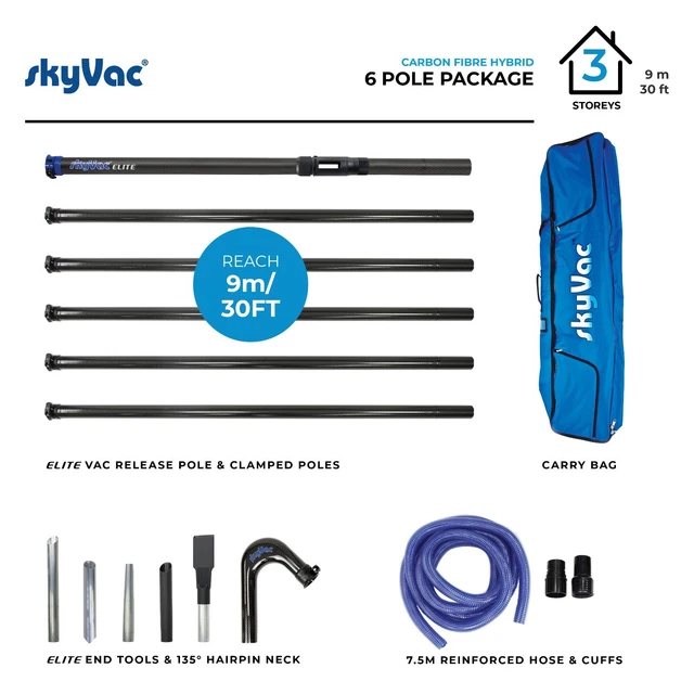SKYVAC ELITE CARBON Fibre Suction Pole 30ft/ Clamped Poles / Gutter ...