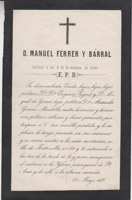 1881 FAIRE-PART DÉCÈS Manuel FERRER y BARRAL - Barcelone (Espagne). EUR ...