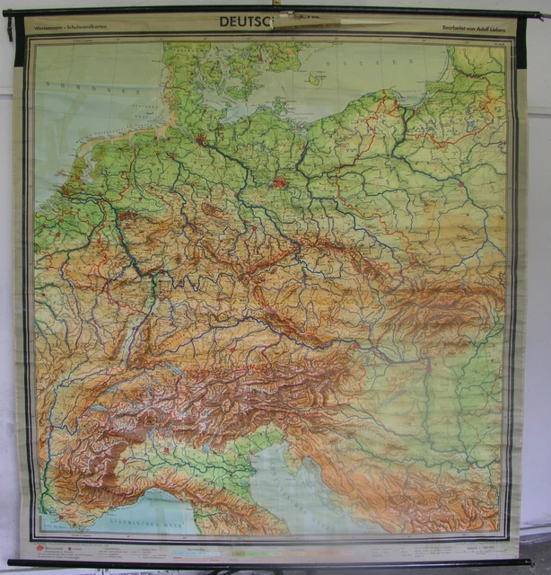 WALL MAP GERMANY Outline Map Of Central Europe Alps 210x226cm 1961 ...