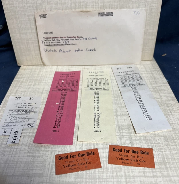6 BUS TICKETS & Yellow Cab From North Dakota B& B Bus Line Minot Motor ...
