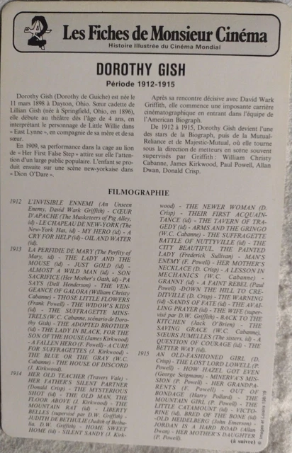 LOT FICHES MONSIEUR CINEMA / ACTRICE / USA / DOROTHY GISH / 2 Fiches EUR 4,00 - PicClick FR