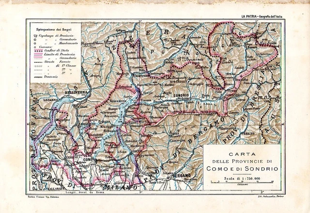 CARTA GEOGRAFICA ANTICA PROVINCE di COMO LECCO SONDRIO 1896 Old map EUR ...