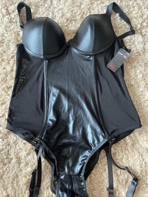 NEW ,LOVE HONEY Crotchless Leather Look Basque With Suspenders size ...