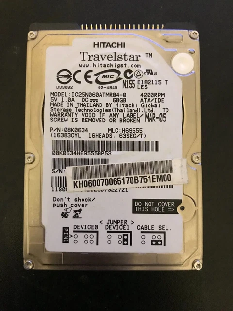 DISQUE DUR HITACHI 60 Go IDE 2,5" pour Apple avec W/MAC OS X 10.3 ...