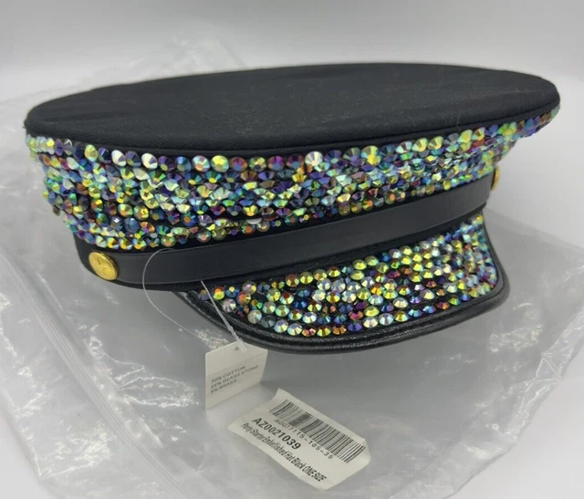 BLACK BEDAZZLED POLICE Hat Sailor Captain Cap Halloween Costume Show ...