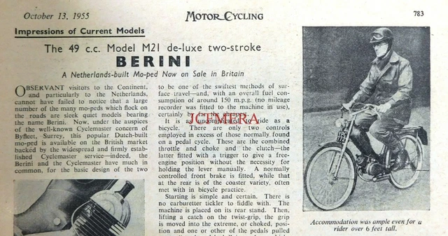 BERINI 'MODEL M21' 49cc 2-Stroke Motor Cycle : 1955 Magazine Report ...