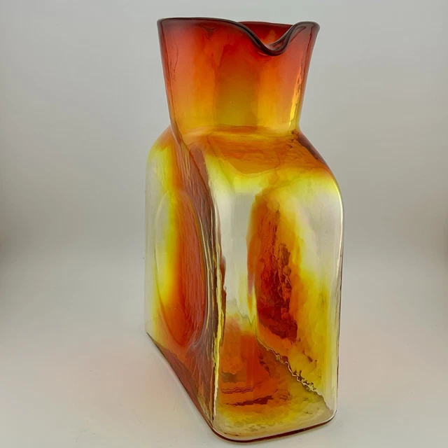 BLENKO TANGERINE AMBERINA Art Glass Square Vase 8¼″ Flared Rim, Label ...