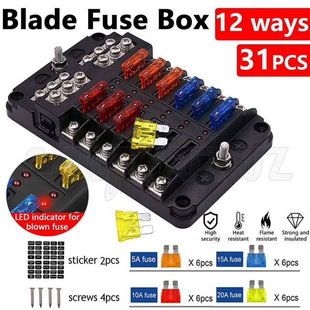 BLADE FUSE BOX Block 12 Way Holder LED 12V 32V for Car Boat Van With ...