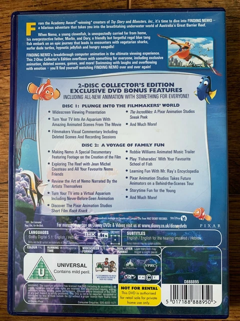 FINDING NEMO DVD 2003 Pixar Walt Disney Animated Feature Movie Classic ...