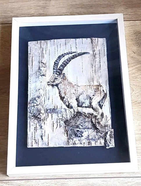 ACRYLBILD ORIGINAL AUF Birkenrinde Gemälde STEINBOCK Aquarell Tier Ziege Unikat EUR 120,00 ...