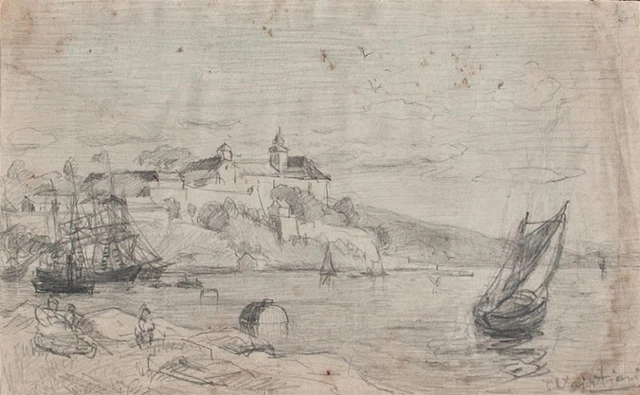 JULIUS RUNGE HAFEN und Schloß Akershus Norwegen Original Bleistift o.J ...