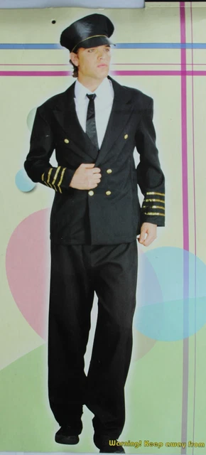 MENS ADULTS BLACK Pilot Airline Aviation Uniform Fancy Dress Costume ...
