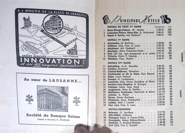 VINTAGE LAUSANNE SWITZERLAND Tourist Guide Map 1950s Local Ads Hotels ...