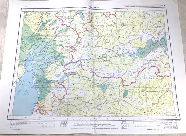 1972 LARGE VINTAGE Map of India The Ganges River Narmada Tapi Godavari ...