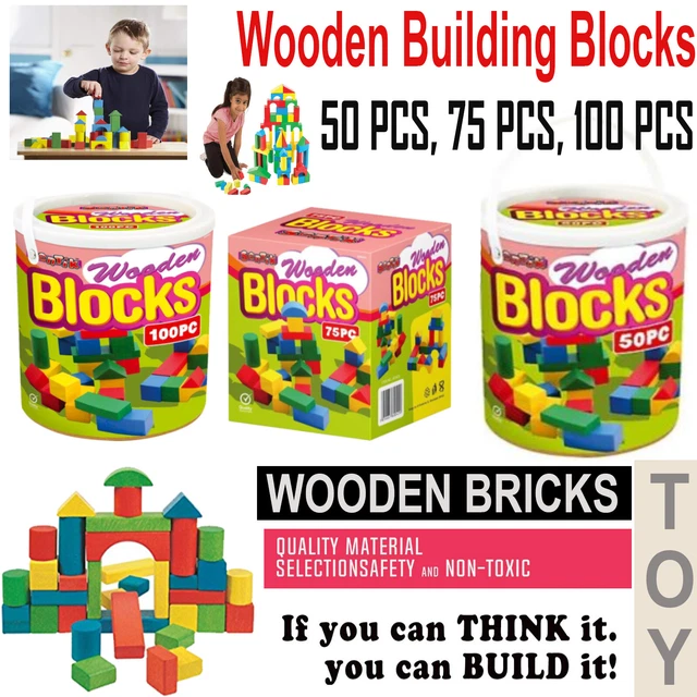 WOODEN CONSTRUCTION BUILDING Blocks Bricks Educational Children Wood ...