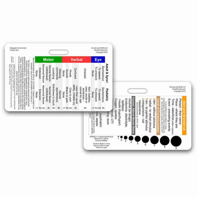 GLASGOW COMA SCALE GCS Horizontal Badge ID Card Pocket Reference Nurse ...