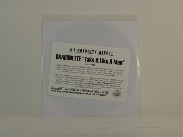 DRAGONETTE TAKE IT LIKE A MAN (E24) 3 Track Promo CD Single including ...