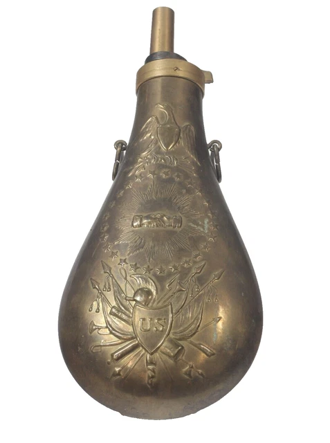 BRASS US MILITARY Peace Powder Flask, Civil War, Eagle Handshake Shield ...
