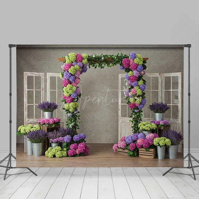 COLORFUL HYDRANGEA WEDDING Arch Photography Backdrop, Rustic Doors with ...