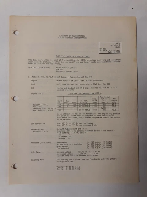 2 HELIO HST-550-550A & 500 Aircraft Specifications Original $8.00 ...