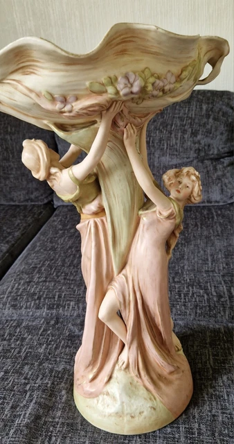 LARGE ROYAL DUX Porcelain Centrepiece Art Nouveau, 2 Women on Conch ...