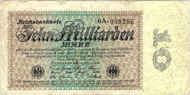 REICHSBANKNOTE 10 MILLIARDEN Mark 1923 Berlin Reichsbank DEU-134c P ...