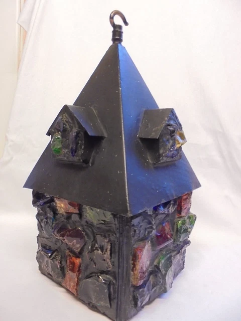 VINTAGE PETER MARSH Metal & Rock Glass Outside Lantern Lamp Shade Mid ...