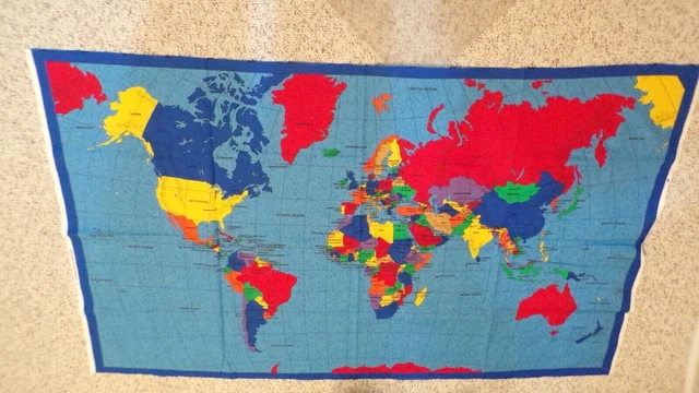 BRIGHT COLORFUL WORLD Map Fabric Panel For Classroom Wallhanging $9.00 ...