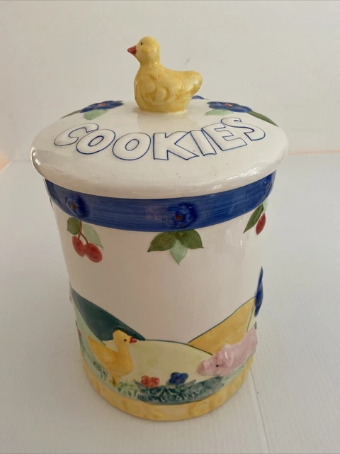 VINTAGE FARM ANIMAL Inspired Ceramic Cookie Jar w Chickens Ducks Pigs ...
