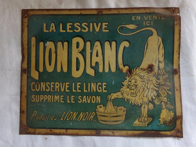 RARE ANCIENNE TÔLE d'épicerie LESSIVE LION BLANC produit du lion noir ...