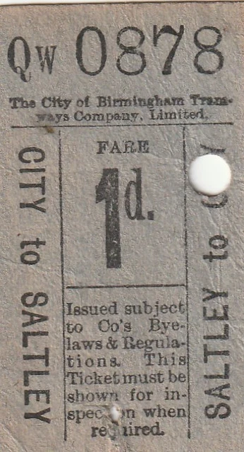 BELL PUNCH TICKET. The City of Birmingham Tramways Co. Ltd. Fare 1d. £2 ...