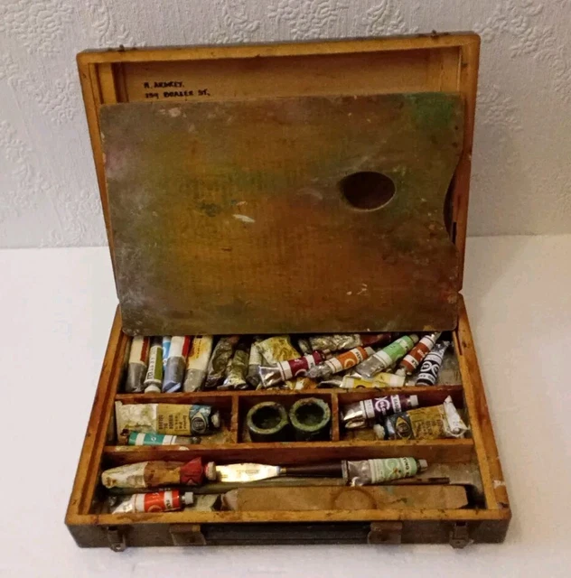 VINTAGE WOODEN SIGNWRITERS/ARTIST Box with Palette Board, Paint Holders ...