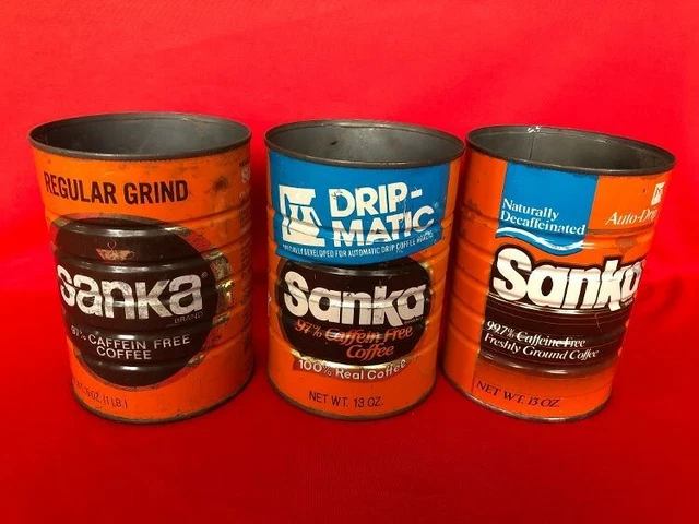 LOT OF 3 Vintage Regular Grind Sanka 97% Caffein Free Coffee tin/can w ...