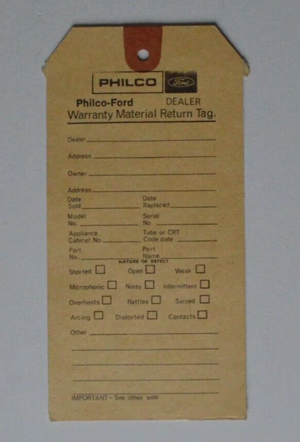 1967 PHILCO FORD Warranty Material Return Tag $11.00 - PicClick CA