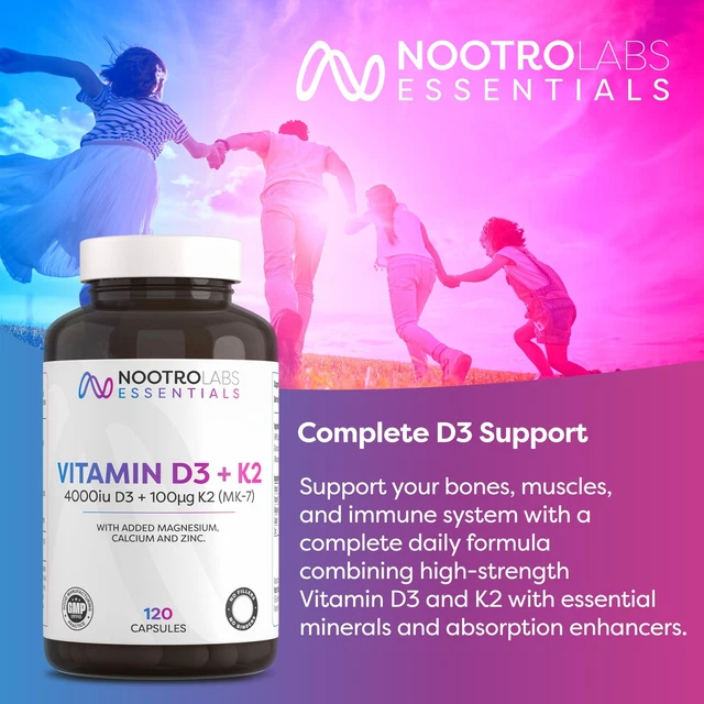 NOOTRO LABS ESSENTIALS Vitamin D3 4000 iu and K2 120 count (Pack of 1 ...