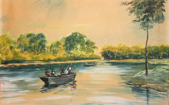 TABLEAU ANCIEN AQUARELLE paysage fluvial impressionniste EUR 74,69 - PicClick FR