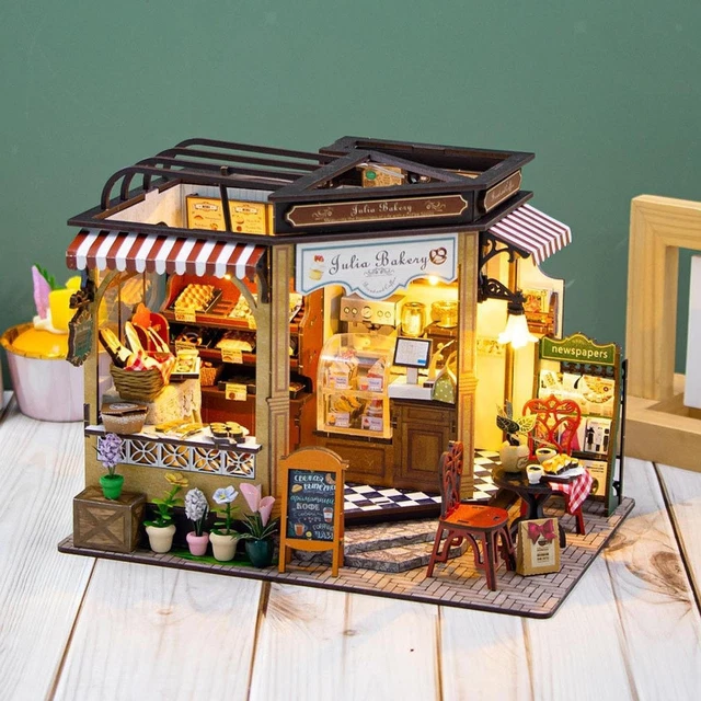 BAKERY STORE MINIATURE Doll House Kit Handmade Corner Room Box DIY Wood ...