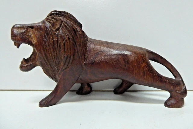 VINTAGE HAND CARVED Wooden Timber Statue Tribal Lion Figurine $44.00 ...