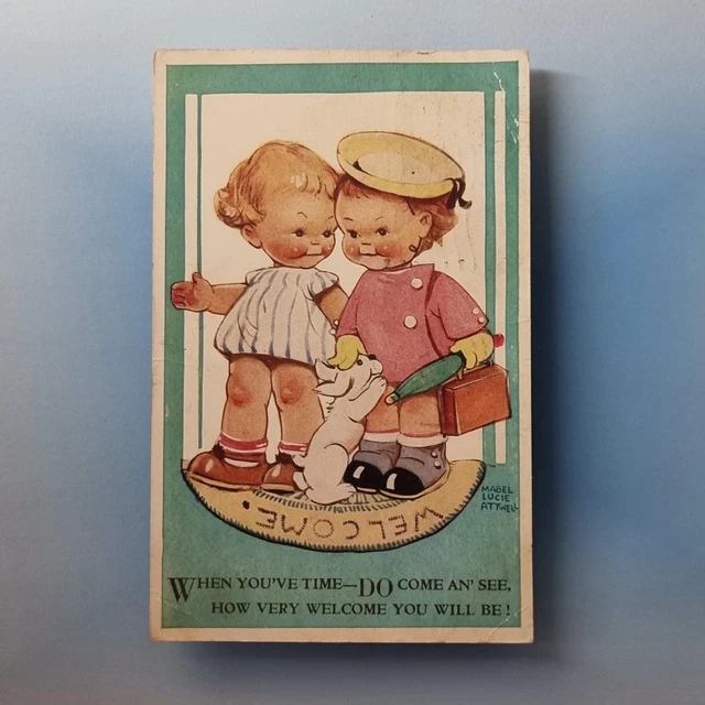 MABEL LUCIE ATTWELL Postcard 1947 Cute Girls Welcome Mat Dog Suitcase A ...