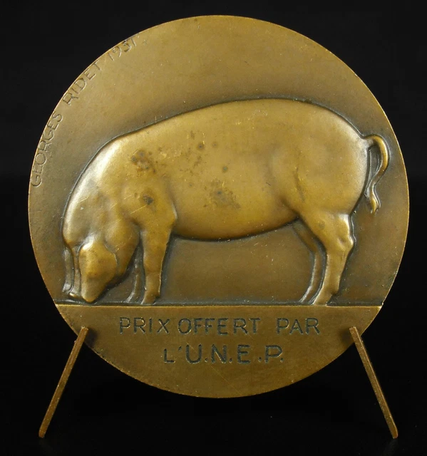 MÉDAILLE COCHON PIG ancienne race c1930 U.N.E.P Georges Ridet animal ...