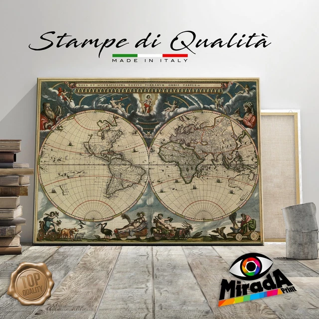 QUADRO MAPPA MONDO WORLD MAP vintage STAMPA TELA CANVAS continenti mare ...