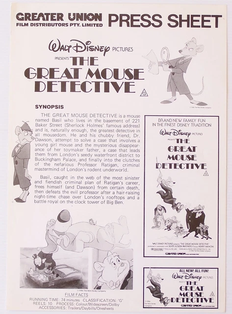 VINTAGE 1986 WALT Disney The Great Mouse Detective Movie Film Cinema ...