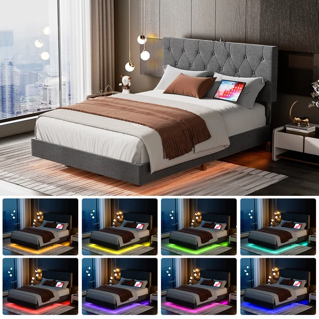 SUSPENSION LED UPHOLSTERED BED FRAME 4FT6 Double Size With Padded ...