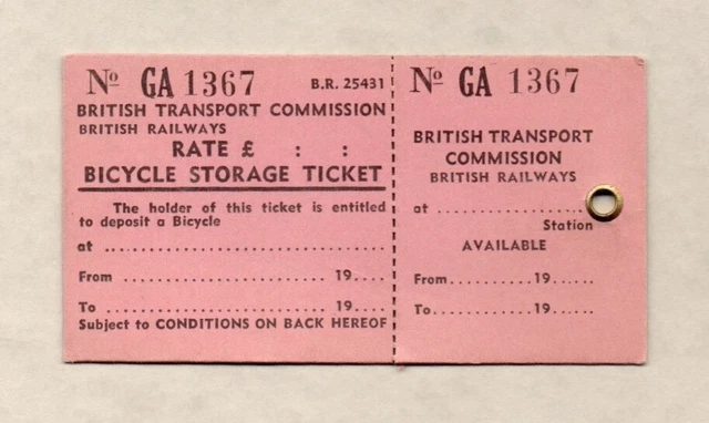 BRITISH RAILWAYS (BTC) Bicycle Storage Ticket, 2-part card, vg £3.79 ...