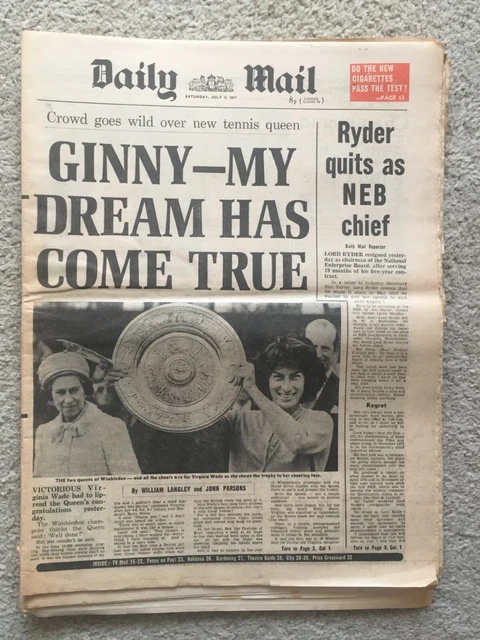 DAILY MAIL NEWSPAPER 2nd July 1977 Virginia Wade wins Wimbledon £17.99 ...
