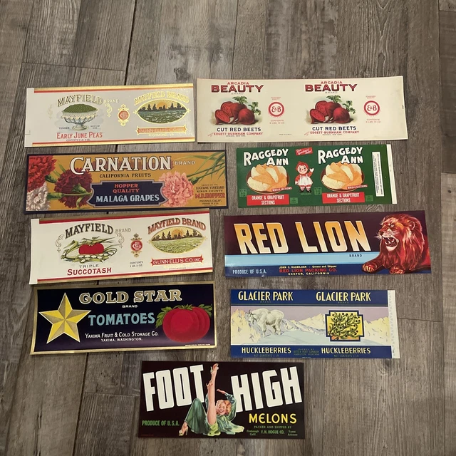 VINTAGE FRUIT AND Vegetable Can and Crate Labels Lot of 9 Foot High ...