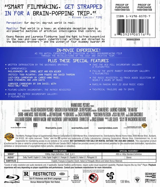 THE MATRIX (BLU-RAY) Keanu Reeves Laurence Fishburne Carrie Anne Moss ...