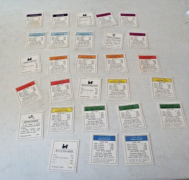 VINTAGE MONOPOLY REPLACEMENT Parts/Pieces-Title Deed Cards, Complete ...